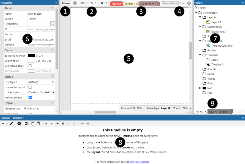 Construct's interface - Construct Animate Documentation