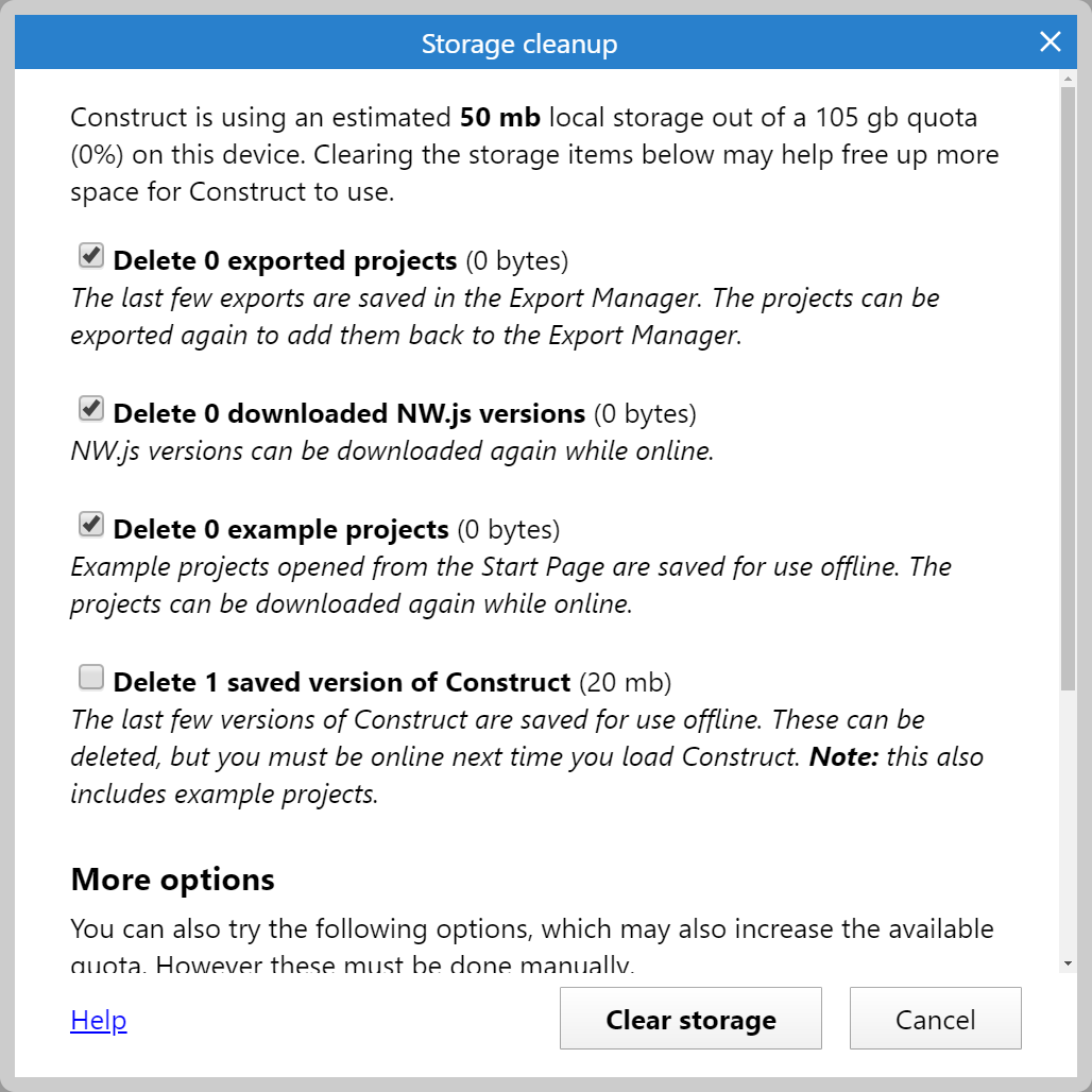 Storage cleanup dialog - Construct Animate Documentation