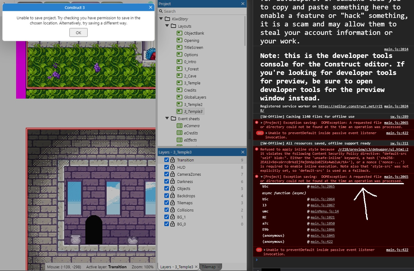 "Unable to save project, Try checking you have permission