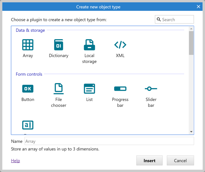 The Create New Object Type dialog - Construct 3 Documentation