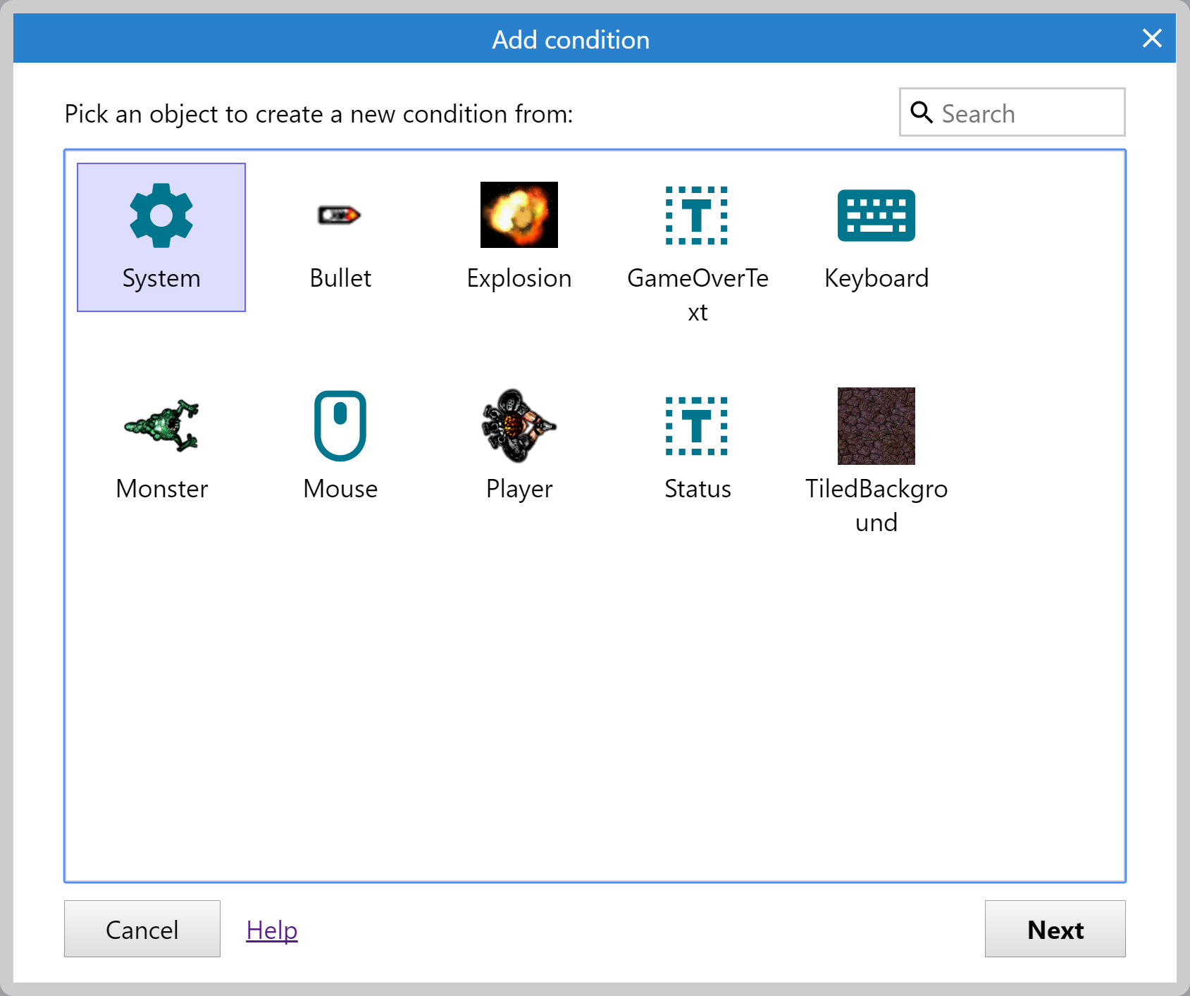 Add condition/action dialog - Construct 3 Documentation