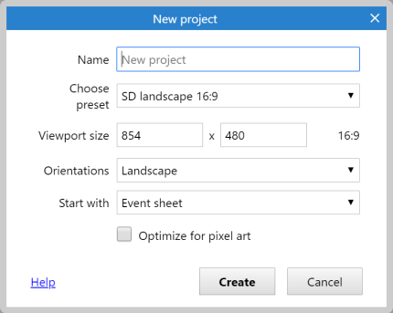 The new project dialog - Construct 3 Documentation