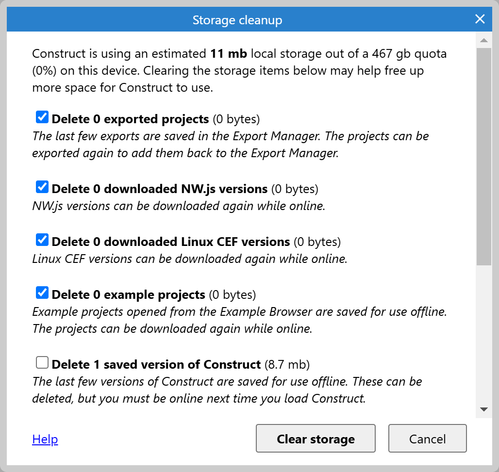 Storage cleanup dialog - Construct Animate Documentation