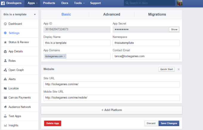 Facebook Developer Application Settings